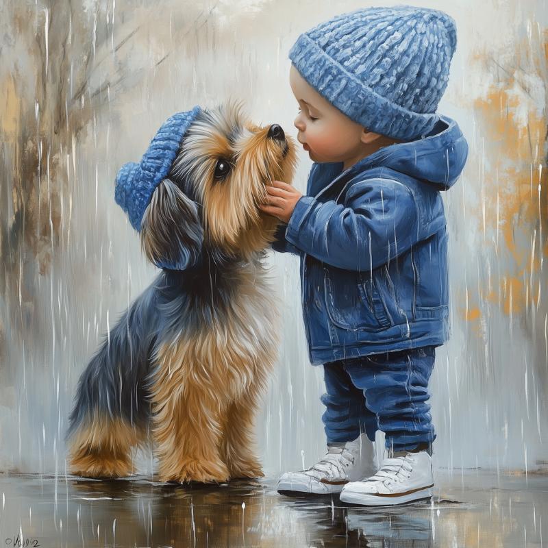 Junge mit Hund im Regen | Diamond Painting